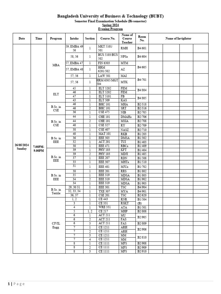 Semester Final Exam Schedule-Spring 2024 26 05 2024-Interval of One Day ...