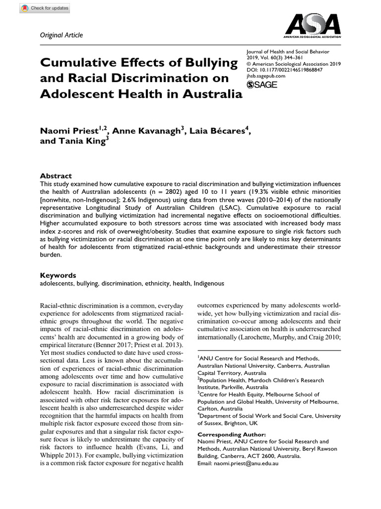 Cumulative Effects of Bullying and Racial Discrimination On Adolescent Health in Australia ...
