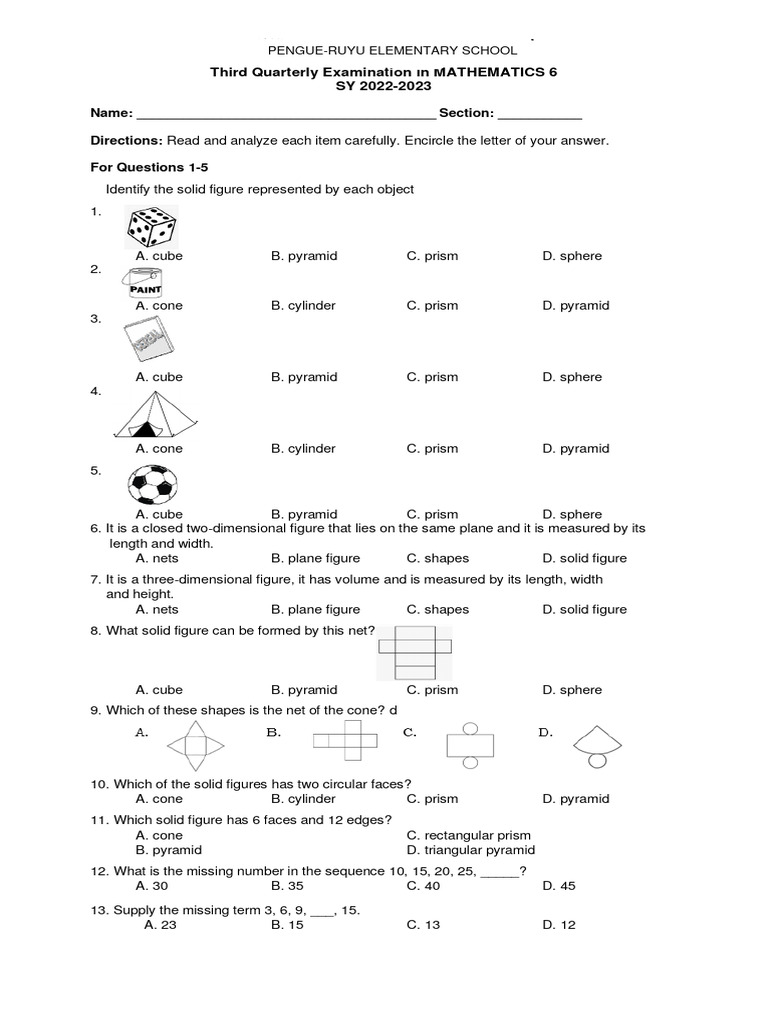 Math Exam for Grade 6: Solid Figures | PDF | Shape | Speed