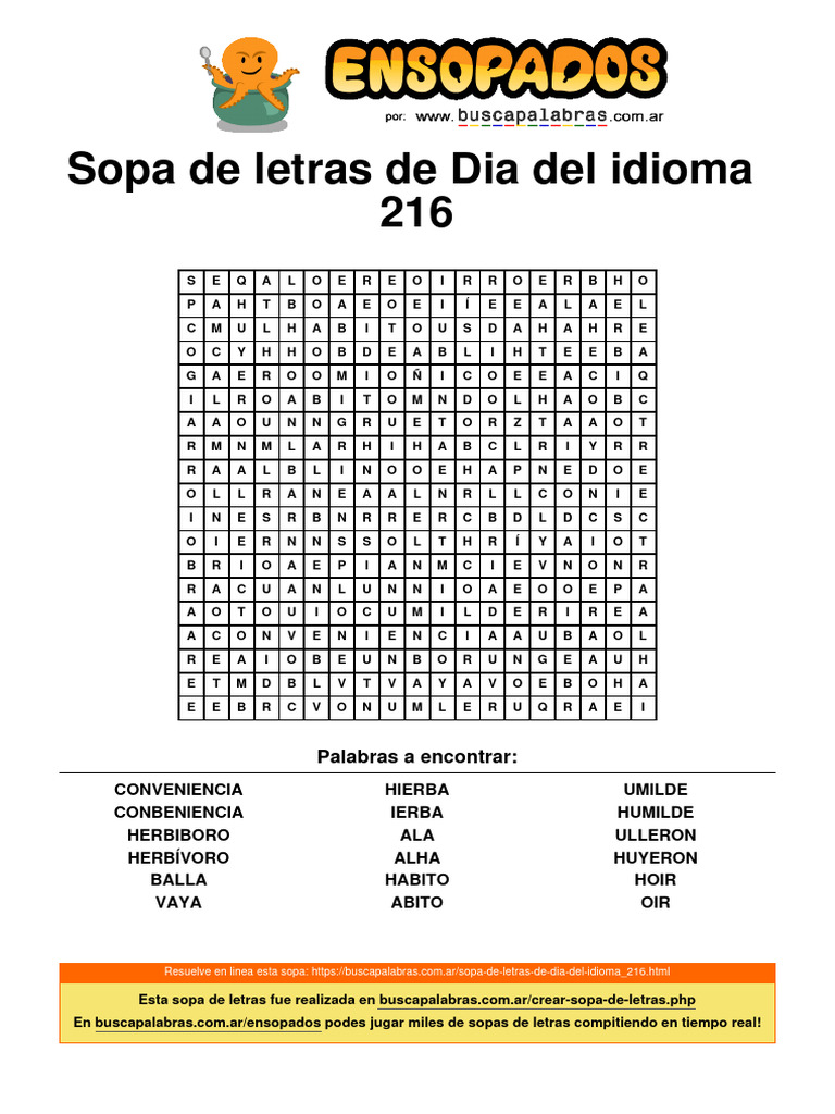 Sopa de Letras: Día del Idioma Español | PDF