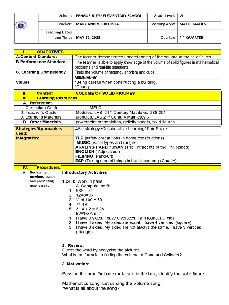 COT MATH 6 VOLUME | PDF | Volume | Learning