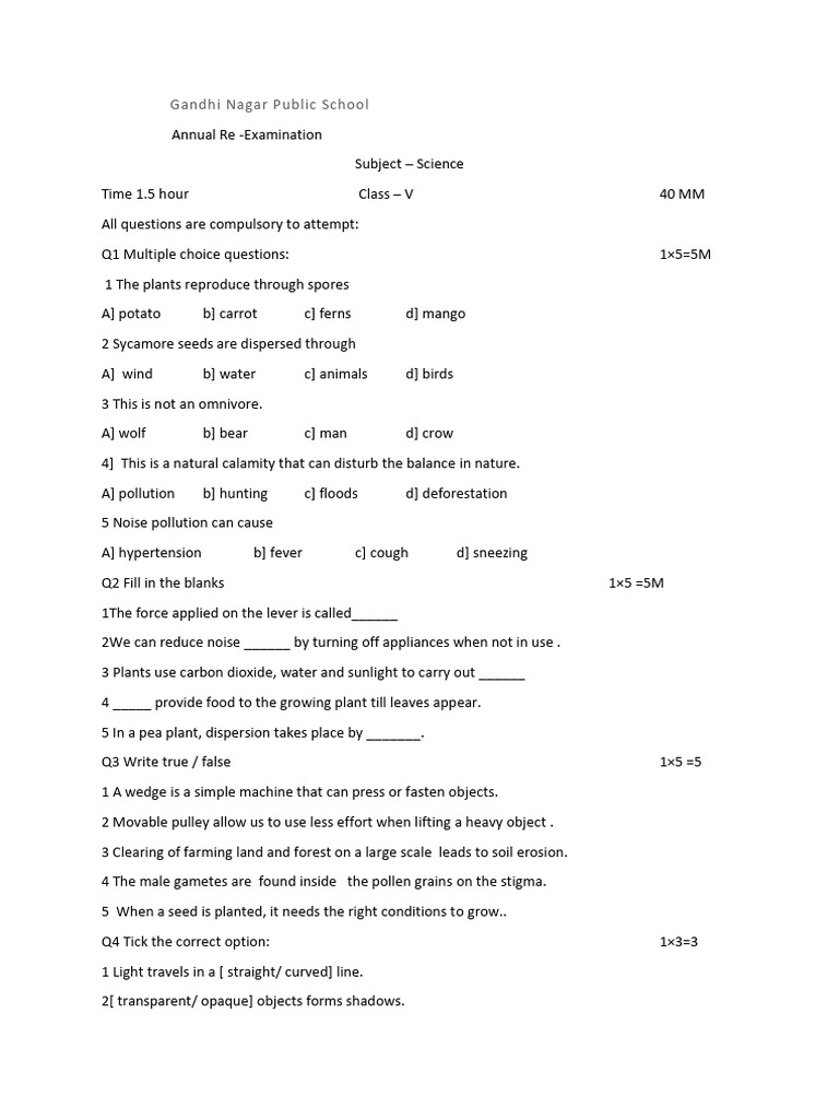 5th Science Re Exam Paper | PDF | Plants | Pollination