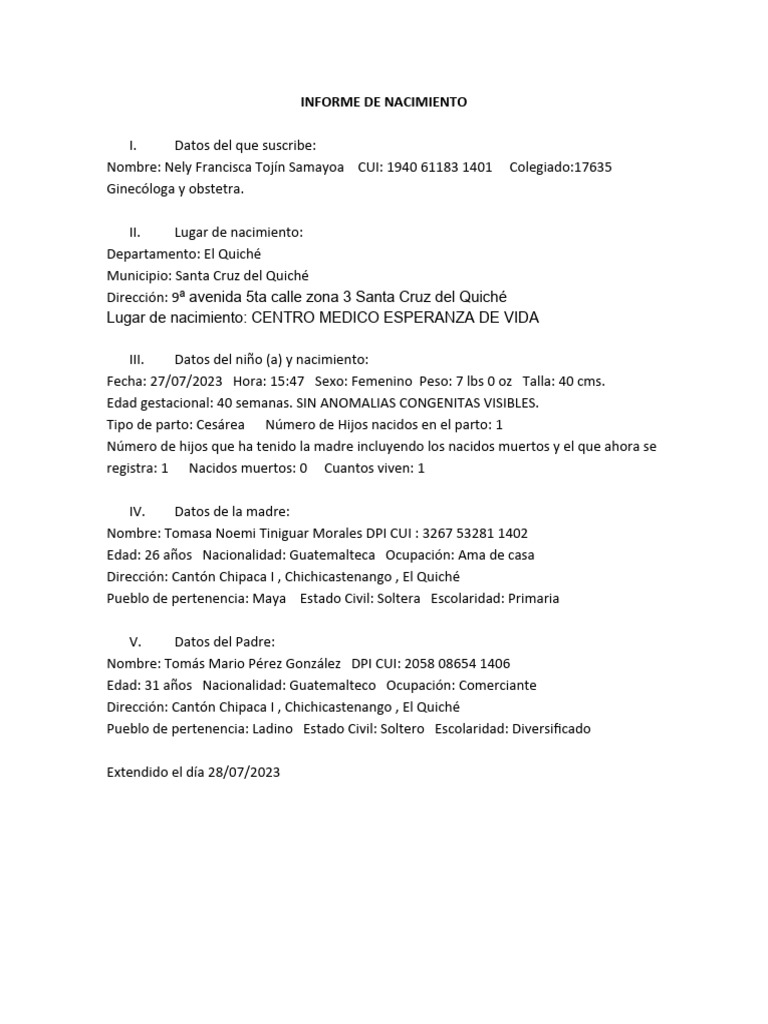 Informe de Nacimiento | PDF