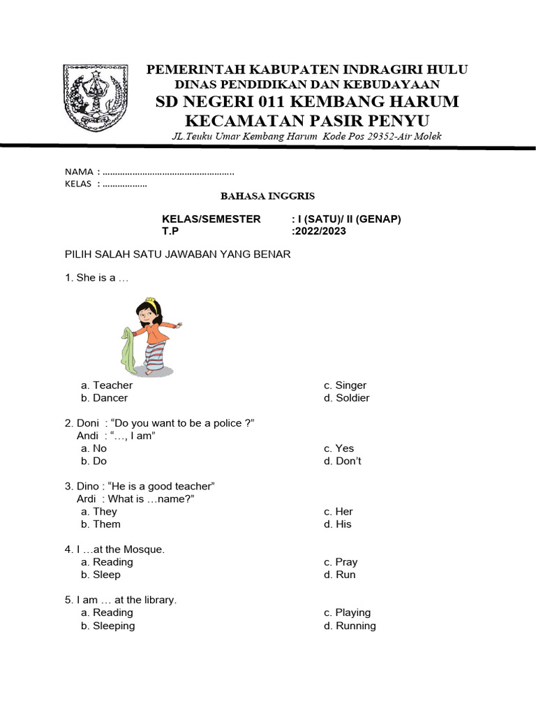 Soal Ujian Bahasa Inggris Kelas 4 | PDF