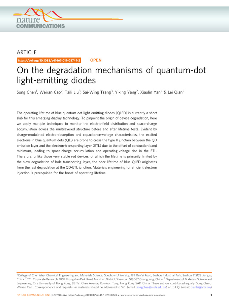 Chen-2019 - Degradation Mechanism of QLED | PDF | Oled | Phase (Waves)