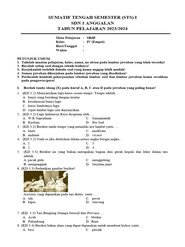 Soal PTS SBDP Kelas 4 Ganjil 2023-2024 | PDF | Kajian Bahasa Asing | Seni