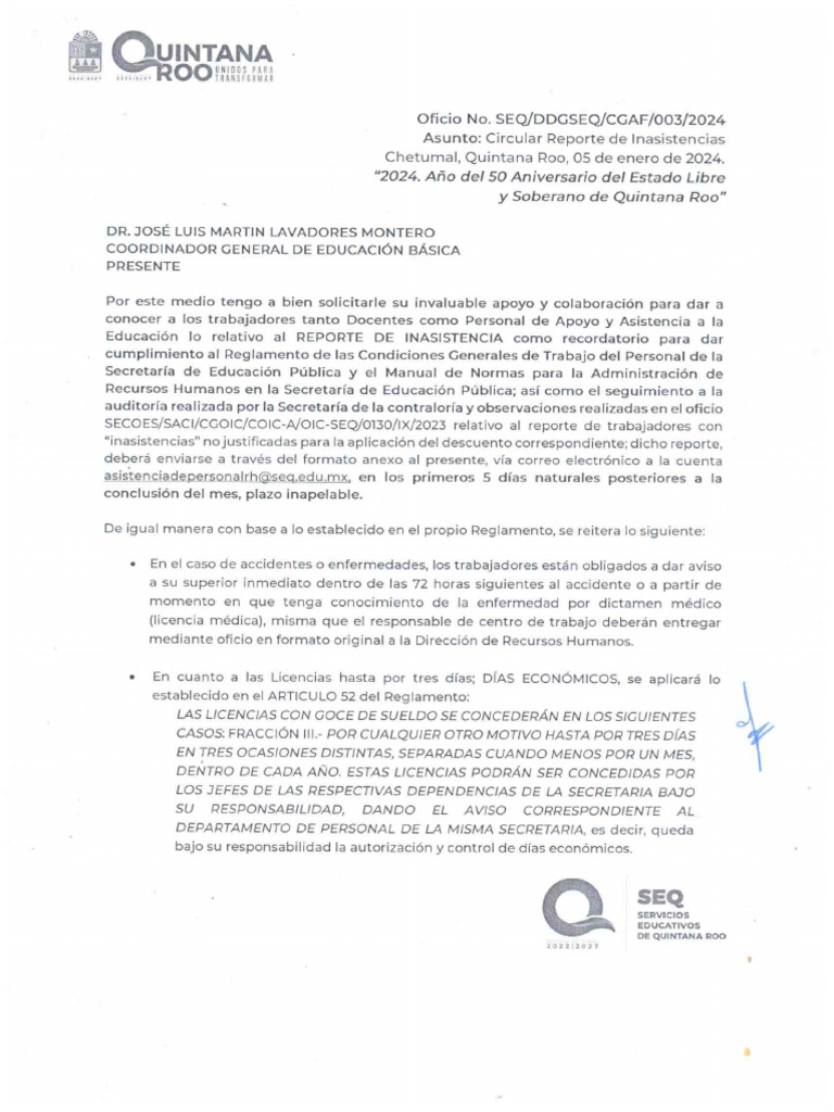 Circular Reporte de Inasistencias | PDF