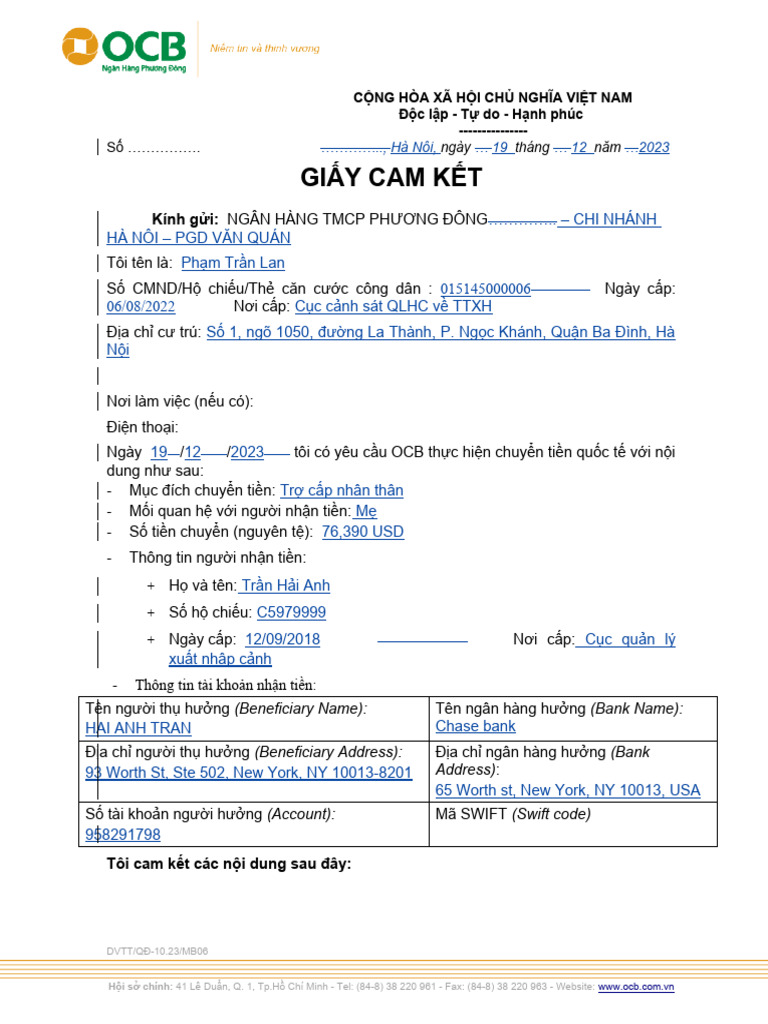 DVTT - QĐ-10.23.MB06 Giay Cam Ket | PDF