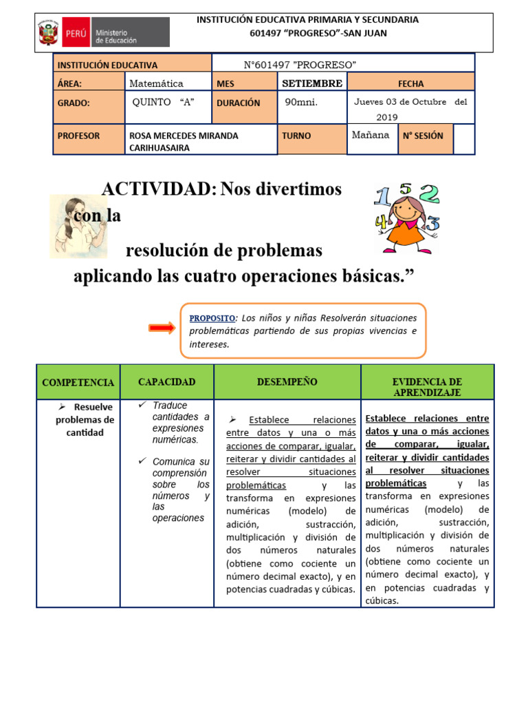 SES. MAT. Resolución de Problemas Con 4 Operac. | PDF