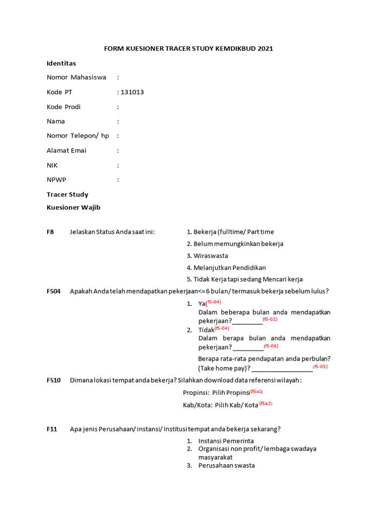 Form Kuesioner Tracer Study Kemdikbud 2021 | PDF