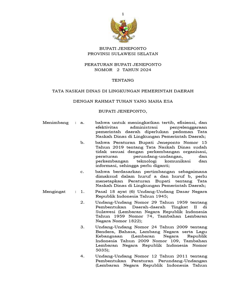 Perbup Tata Naskah Dinas - 2024 | PDF