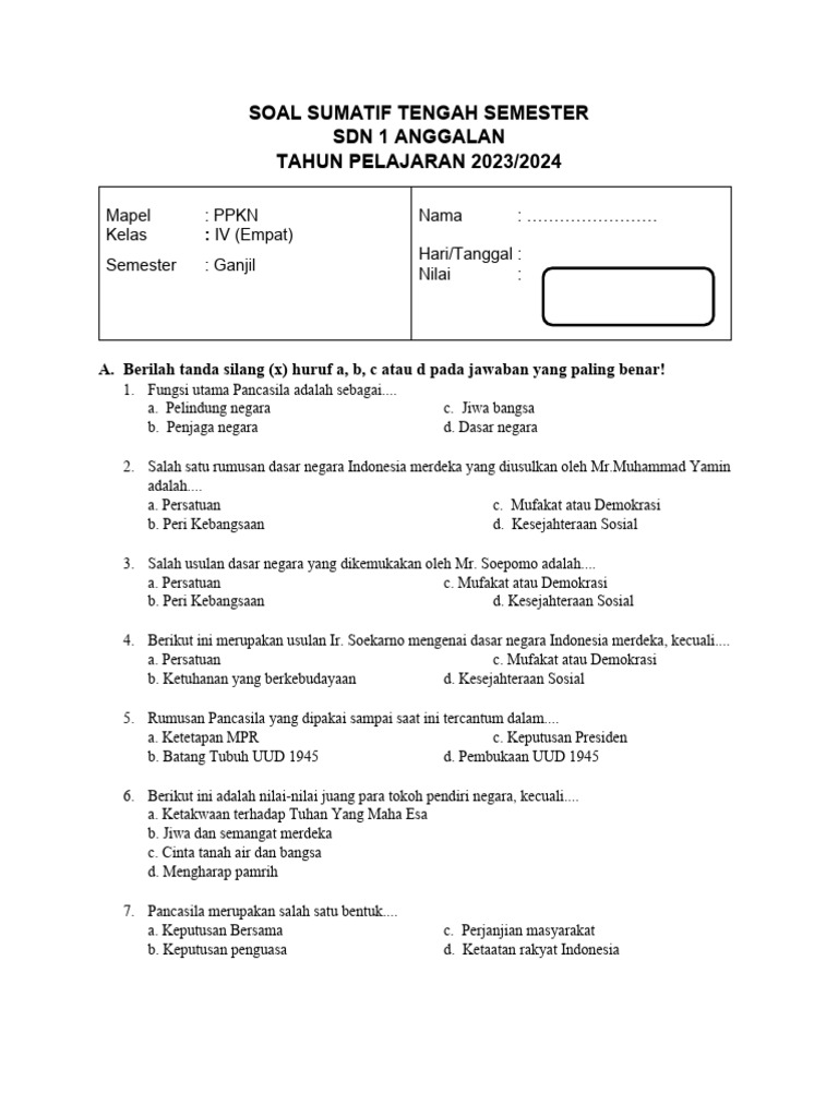 Soal STS 1 PPKN Kelas 4 2023-2024 | PDF