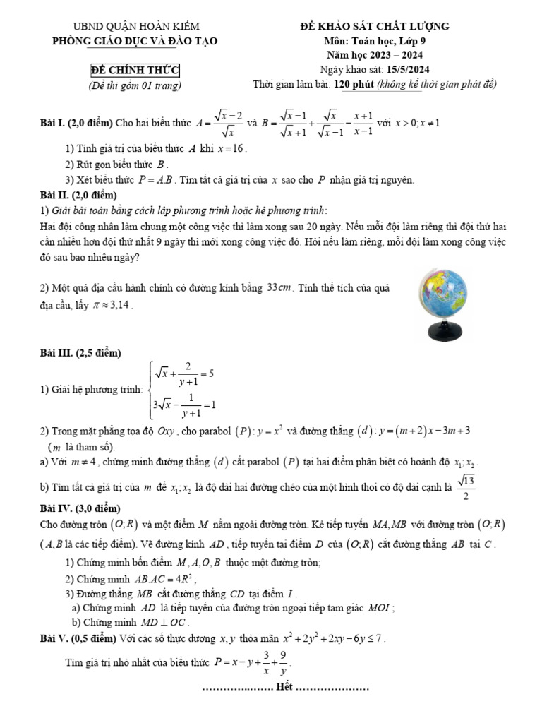 De Khao Sat Chat Luong Toan 9 Nam 2023 2024 Phong GDDT Hoan Kiem Ha Noi | PDF