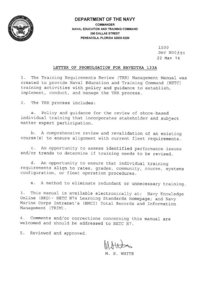 Department of The Navy: Letter F Promulgation For Navedtra | PDF ...