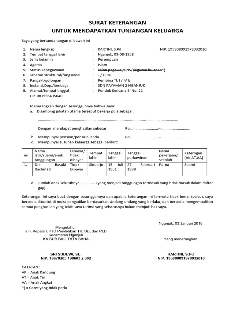 Surat Keterangan Untuk Mendapatkan Tunjangan Keluarga (Model DK) Aturan Baru 2018 | PDF