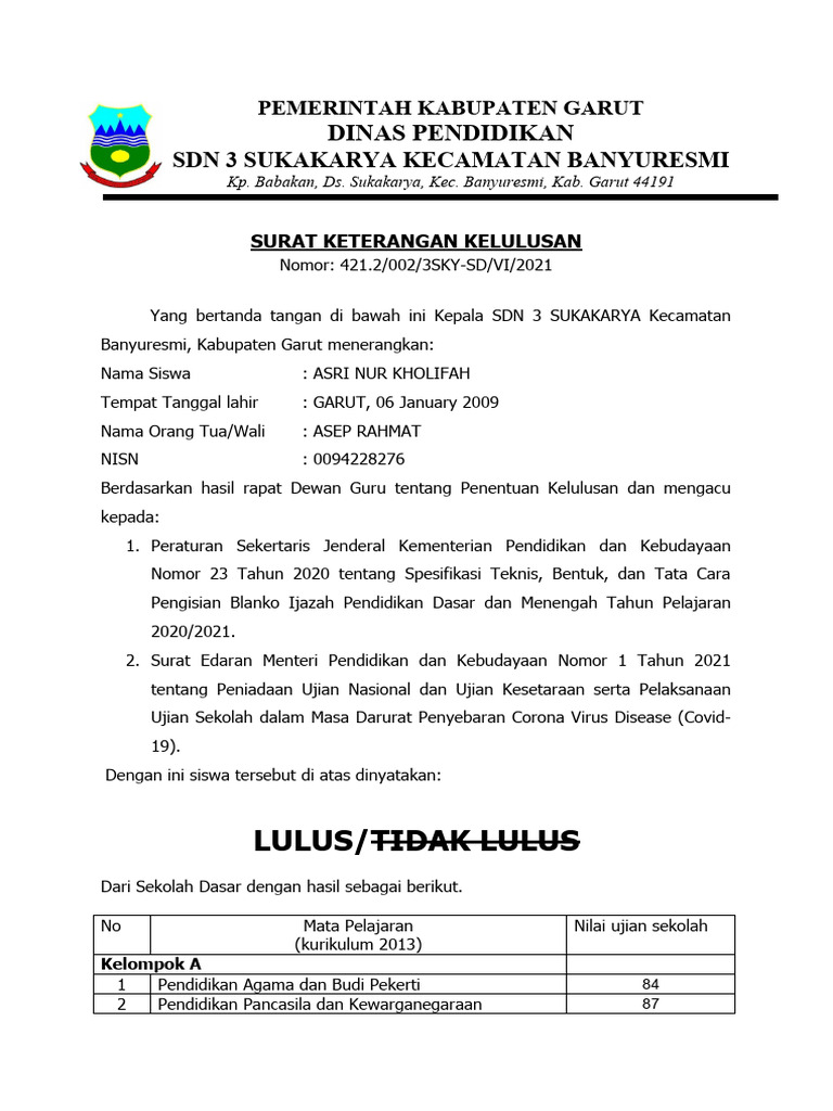 Surat Keterangan Kelulusan SD 2021 | PDF