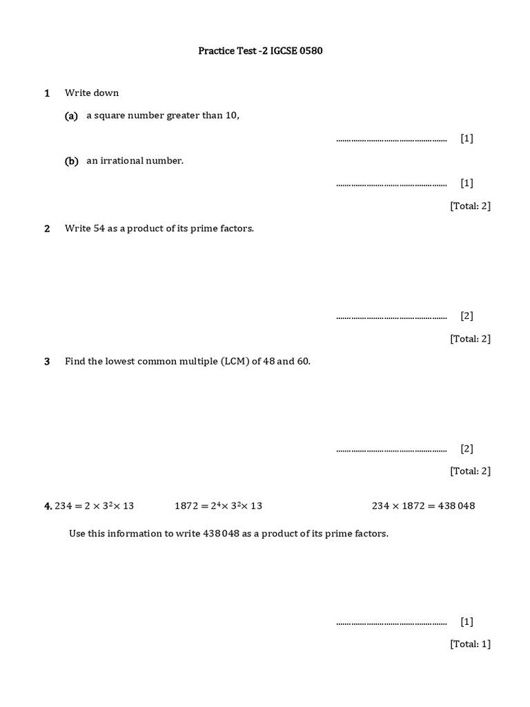 IGCSE 0580 Practice Test 2 | PDF | Numbers | Ring Theory