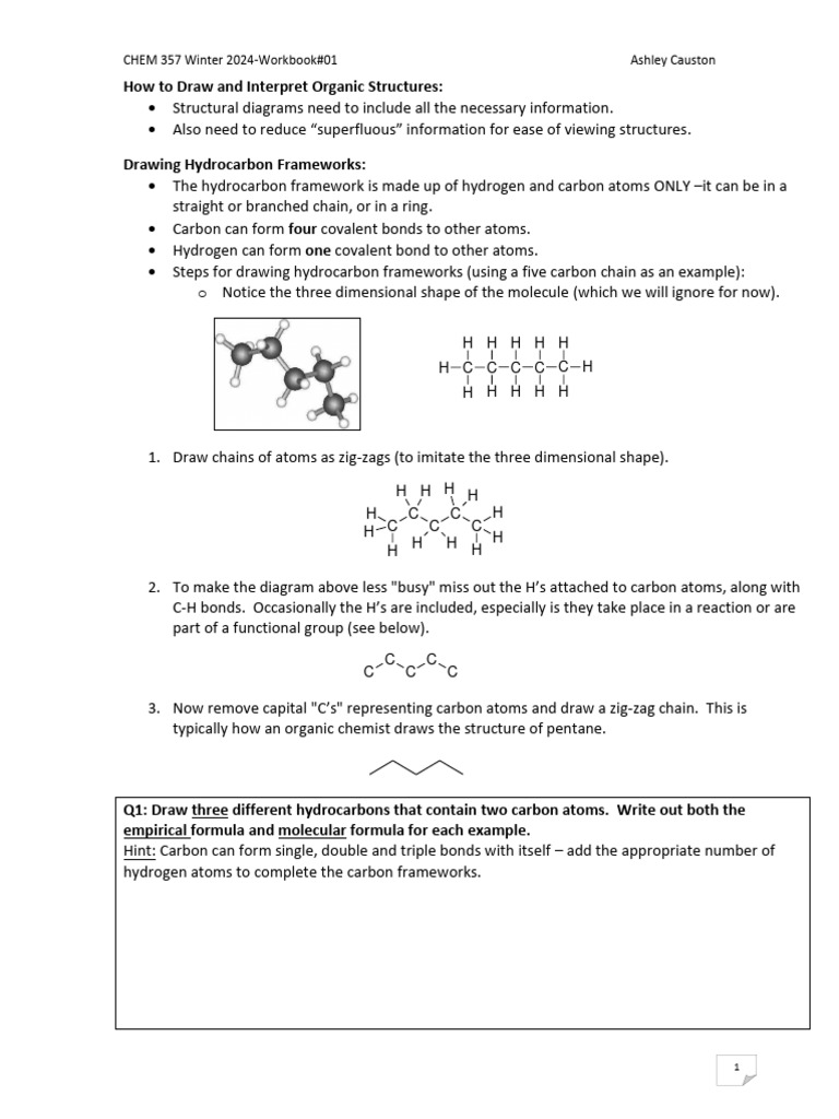 357W24 Workbook 01 Drawing Organic Molecules | PDF | Chemical Bond ...