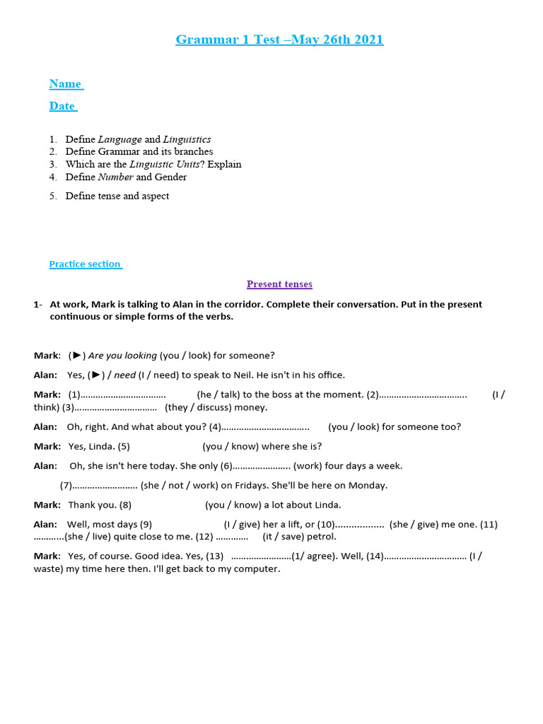 Grammar Test: Tenses and Structures | PDF | Plural | Grammatical Tense