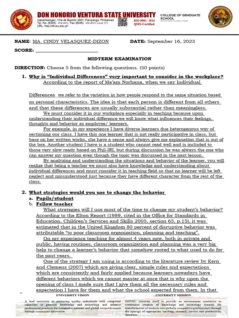 Midterm Examination in Human Behavior | PDF | Learning | Teachers