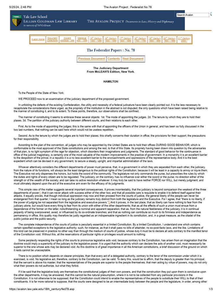 2.4 The Avalon Project - Federalist No 78 | PDF | Constitution ...