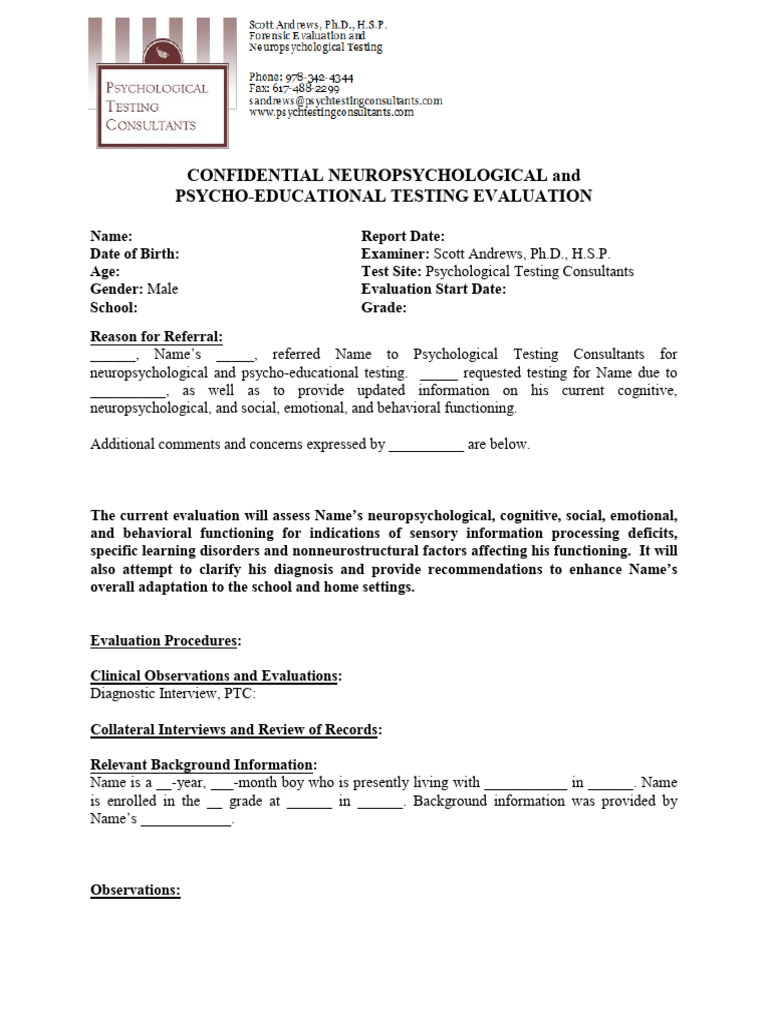 Sample Neuropsychological Report | PDF | Wechsler Adult Intelligence ...