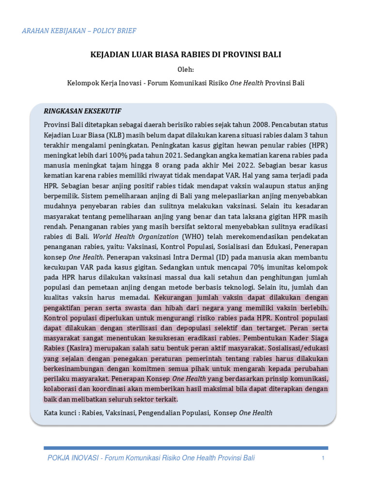 Desy Mutialim - POLICY BRIEF - Arahan Kebijakan Rabies Bali 2022 (Ed19jun21fn) - Marked | PDF