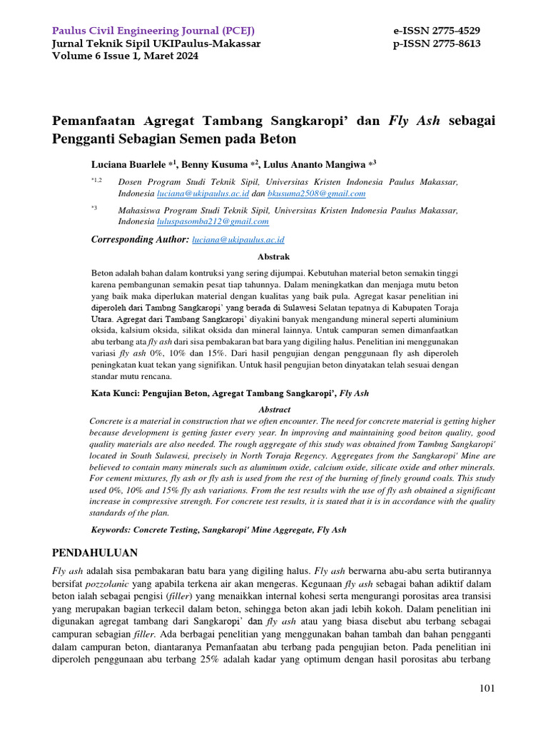 Pemanfaatan Agregat Tambang Sangkaropi' Dan Fly Ash Sebagai Pengganti Sebagian Semen Pada Beton ...