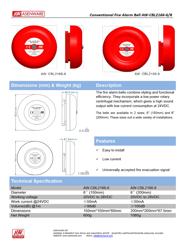 AW-CBL2166-6&8 Conventional Fire Bell Datasheet_20210923 | PDF