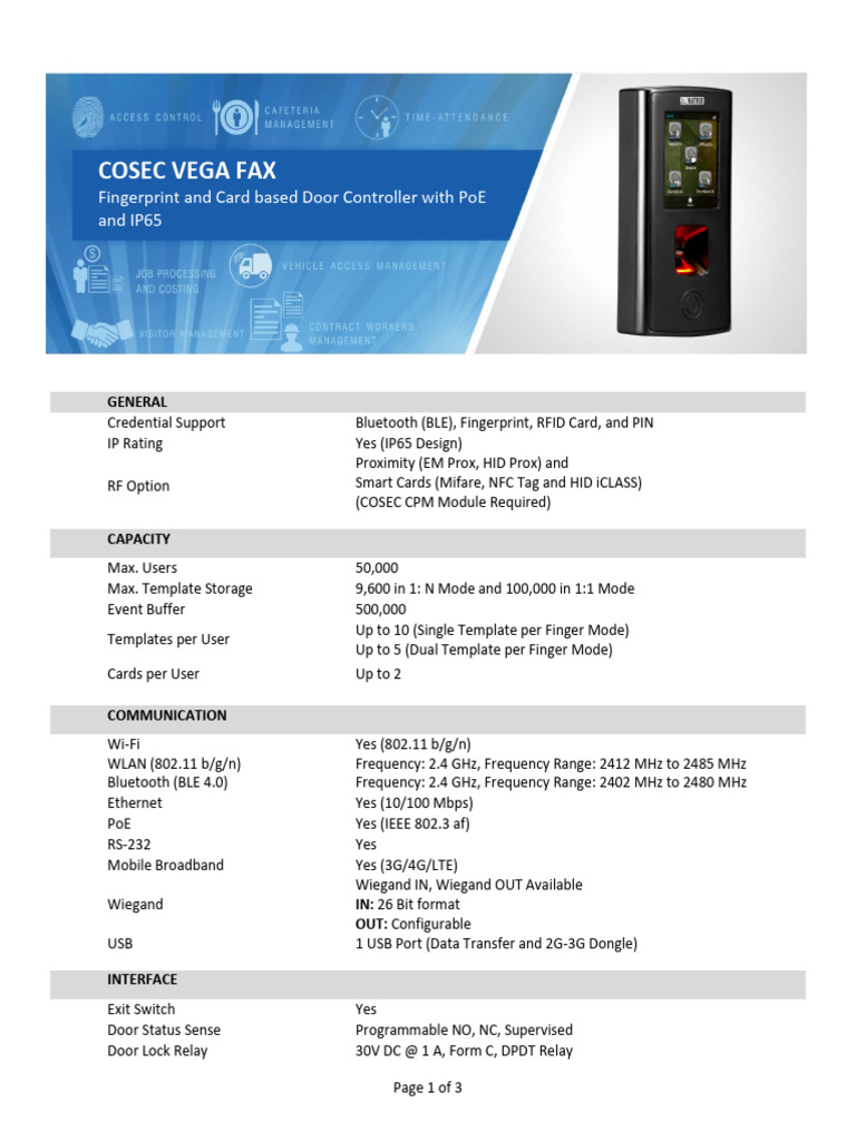 Matrix COSEC VEGA FAX Technical Specifications | PDF | Ieee 802.11 | Bluetooth