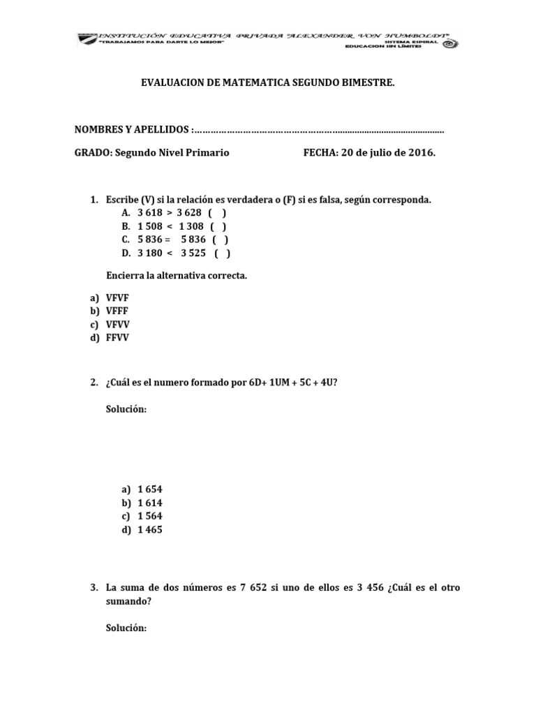 EVALUACION DE MATEMATICA SEGUNDO GRADO JUNIO | PDF