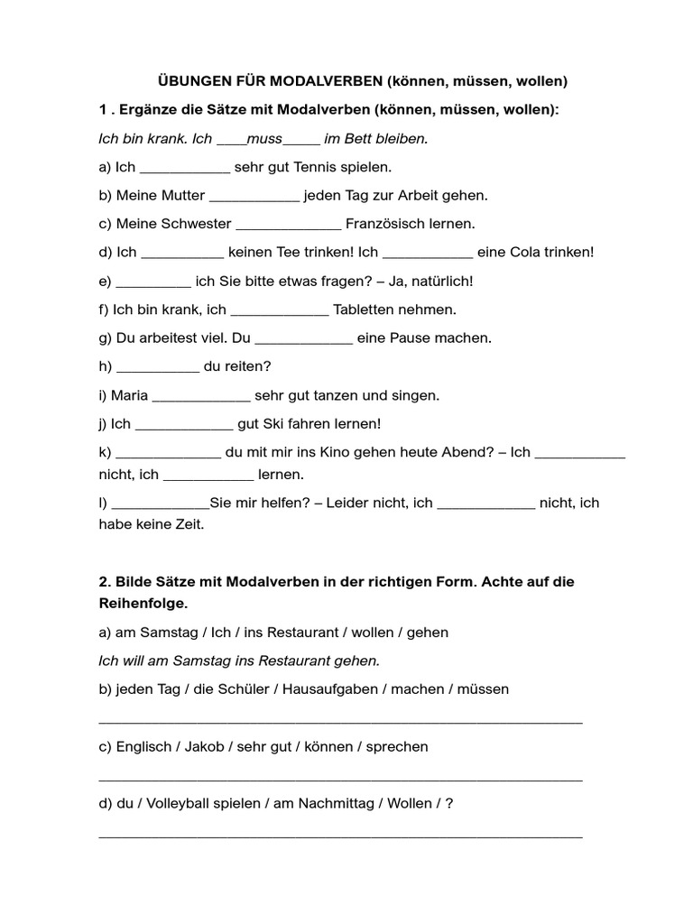 ÜBUNGEN FÜR MODALVERBEN A1 | PDF