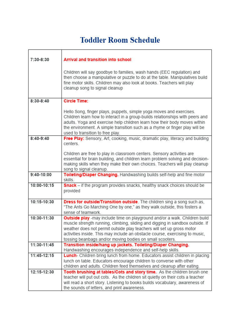 Toddler Room Schedule | PDF | Cognition | Learning