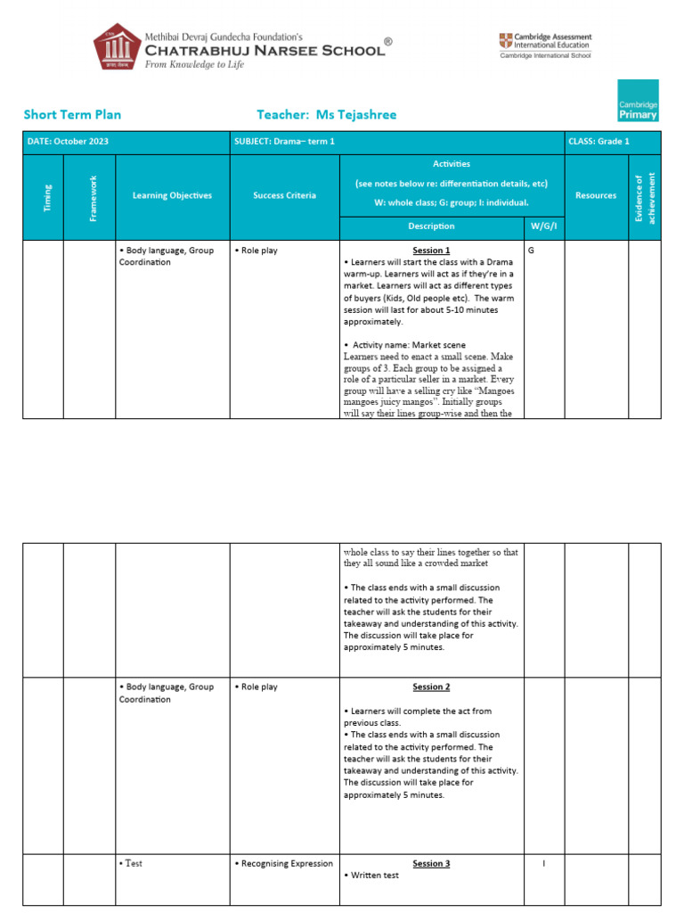Grade 1 Drama - STP 4 - October 2022 | PDF | Cognition | Learning