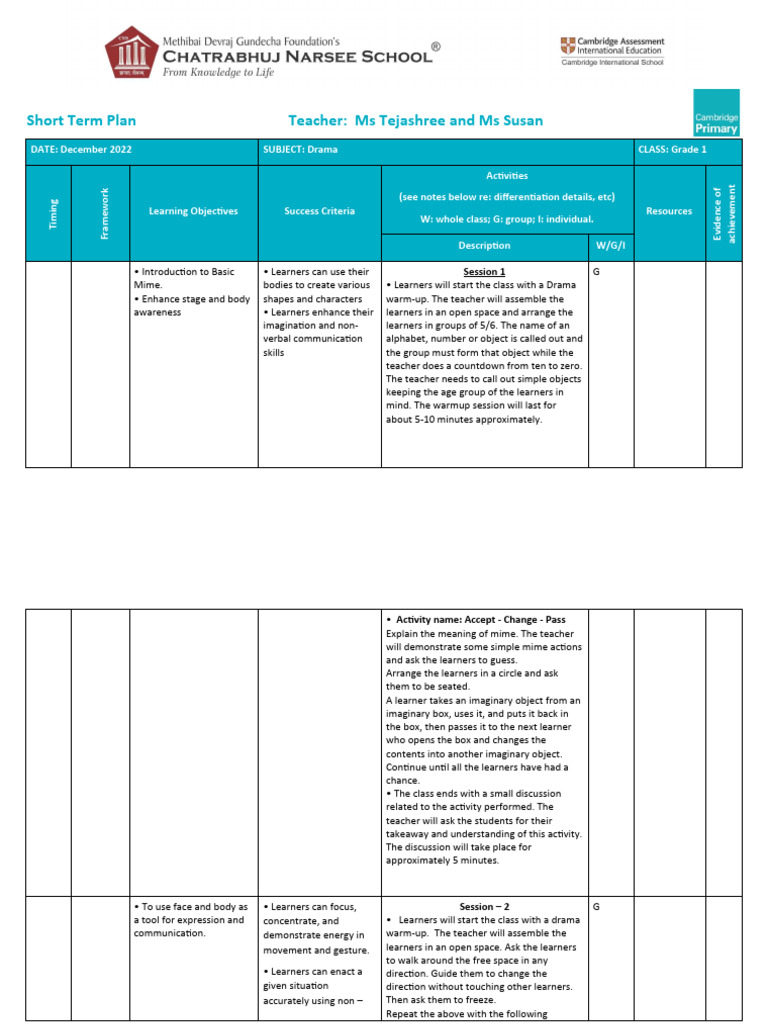 Grade 1 Drama Mime Lesson Plan | PDF | Learning | Communication