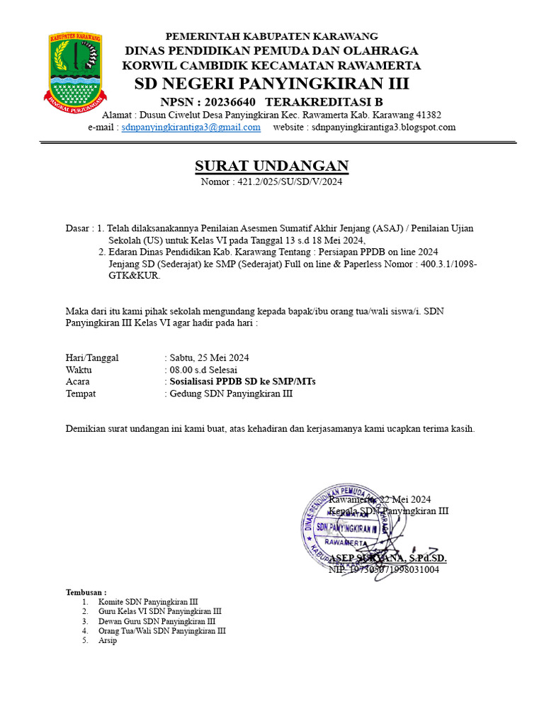 Surat Undangan Sosialisasi PPDB Online Kelas 6 | PDF