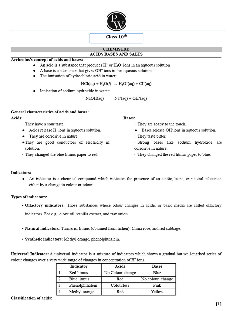 Acids, Bases and Salts - Short Notes | PDF | Sodium Carbonate | Acid