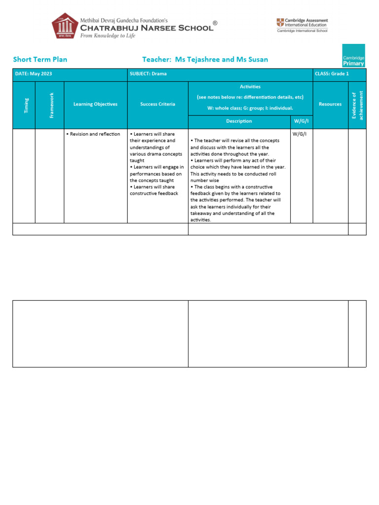 Grade 1 Drama Short Term Plan | PDF | Teachers | Cognitive Science