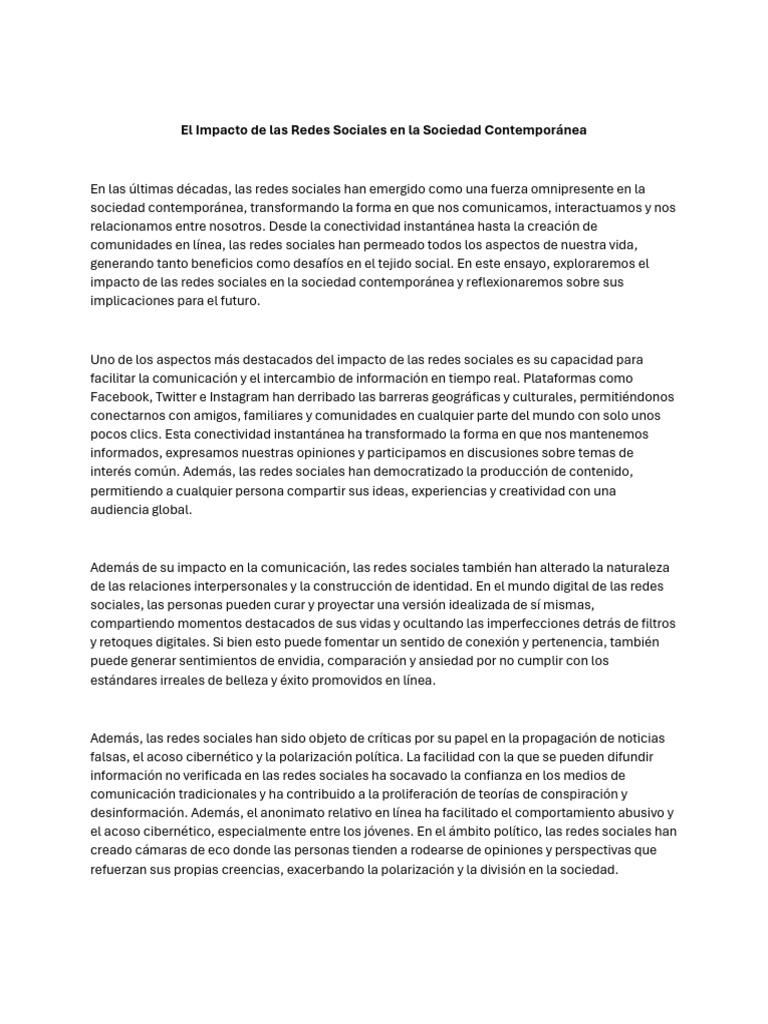 El Impacto de Las Redes Sociales en La Sociedad Contemporánea | PDF ...