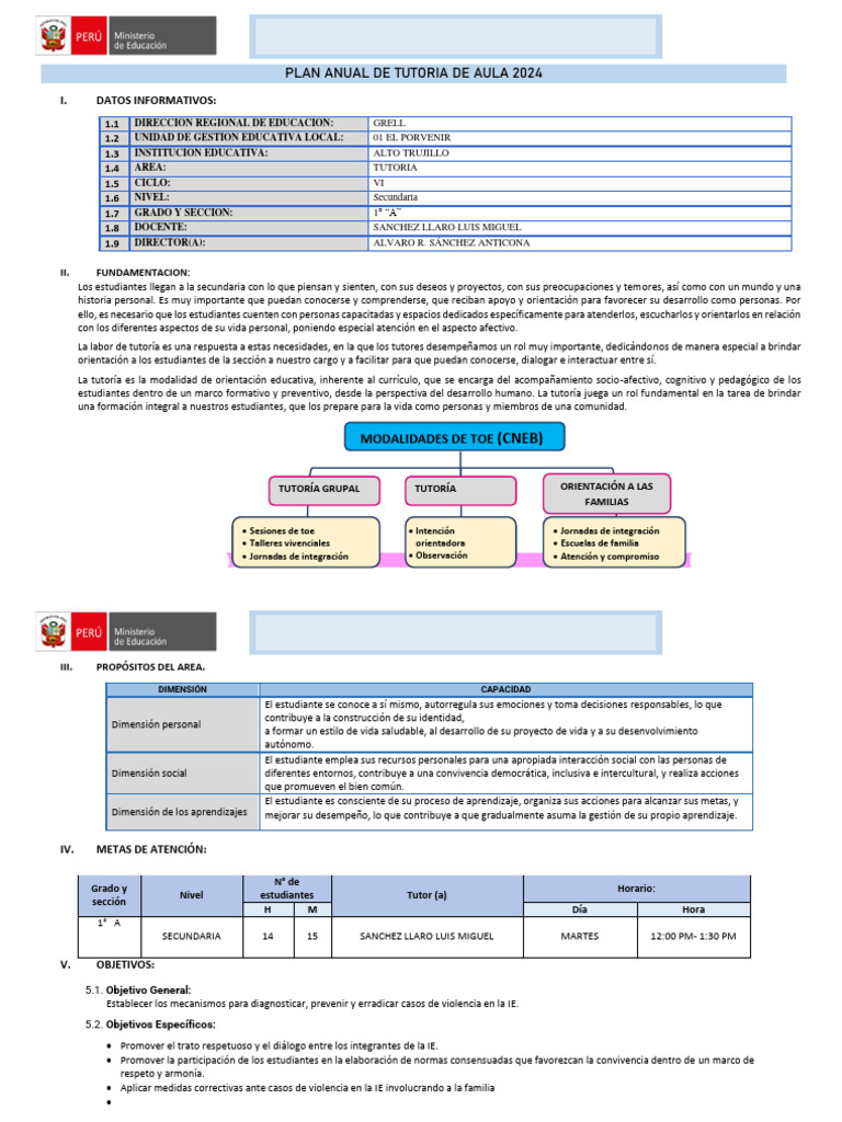 1º PLAN ANUAL TUTORIA 1°SEC 2024l | Descargar gratis PDF | Evaluación | Aprendizaje