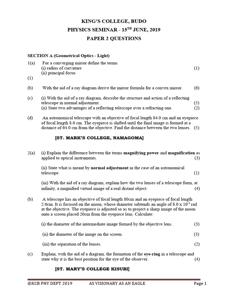 King'S College, Budo Physics Seminar - 15 JUNE, 2019 Paper 2 Questions ...