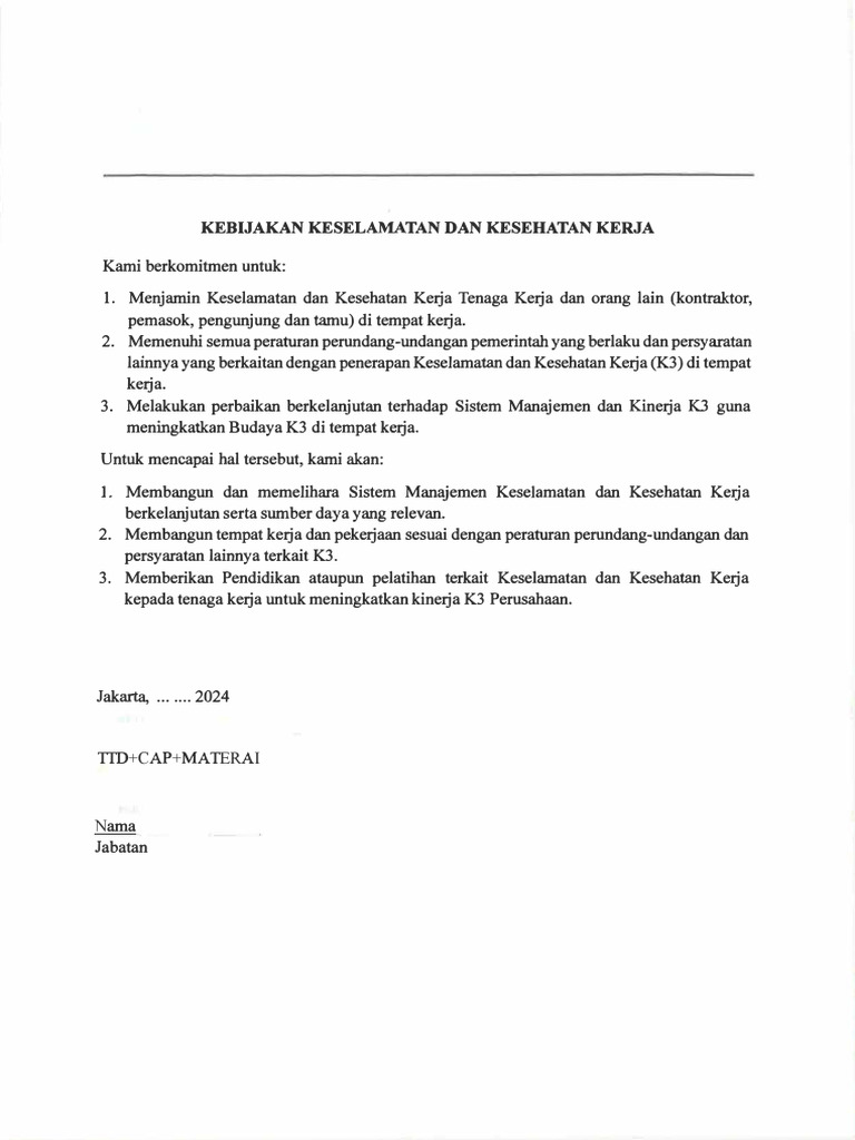 Contoh Komitmen Pelaksanaan Manajemen K3 Lingkungan | PDF