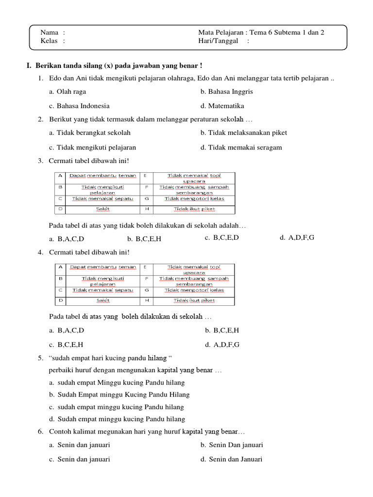 PTS KELAS 2 (Tema 6 Subtema 1 Dan 2) - NIZA | PDF | Seni & Disiplin Bahasa