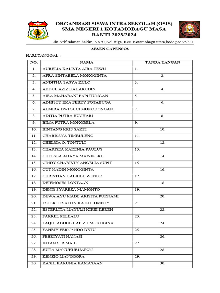 Absen OSIS SMA Negeri 1 Kotamobagu | PDF