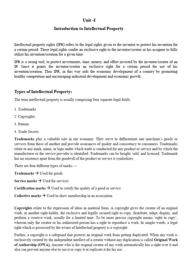IPR Unit 1 | PDF | Intellectual Property | Patent