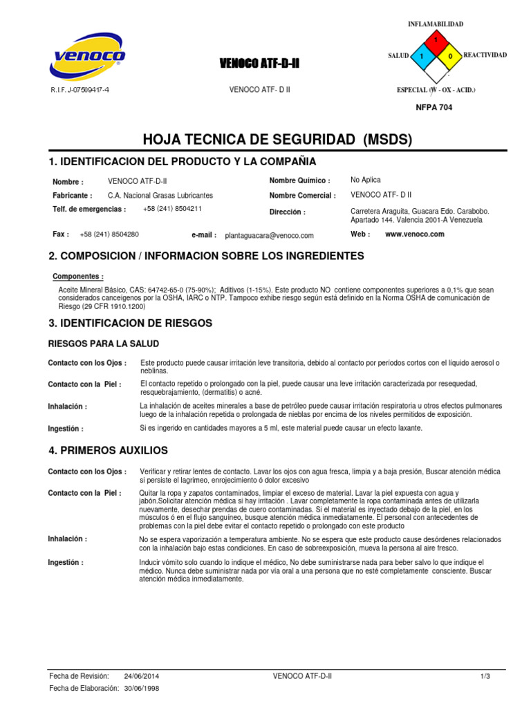Hoja Técnica Venoco ATF-D-II | PDF | Agua | Combustión