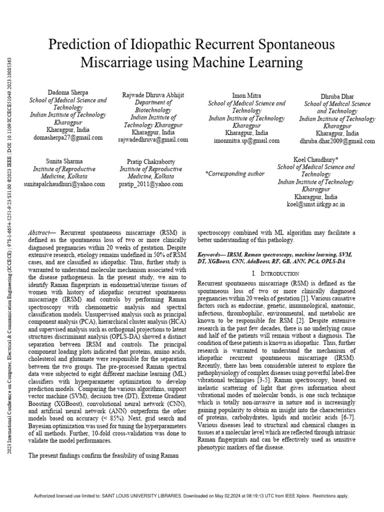 Prediction of Idiopathic Recurrent Spontaneous Miscarriage Using ...