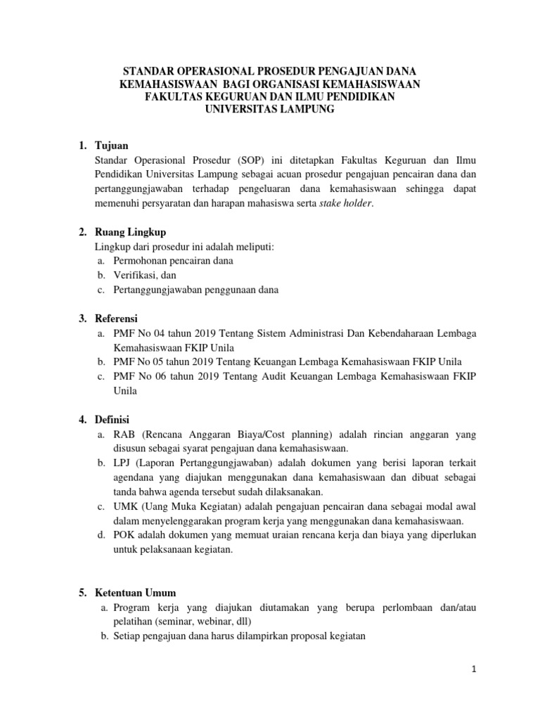 Sop Pengajuan Dana Kemahasiswaan Fkip. (Sah) (2) | PDF