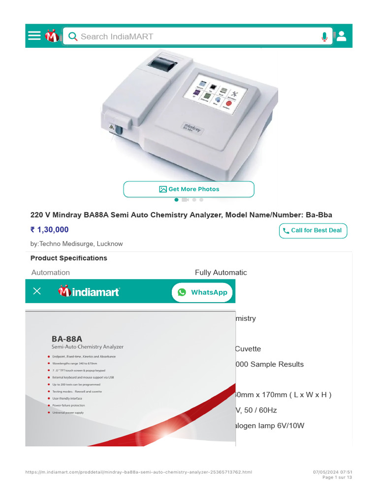 220 V Mindray BA88A Semi Auto Chemistry Analyzer, Model Name-Number ...