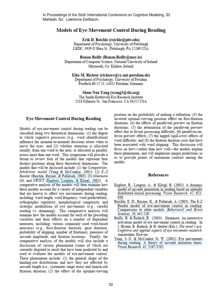 Models of Eye Movement Control During Re | PDF | Cognitive Science | Neuroscience